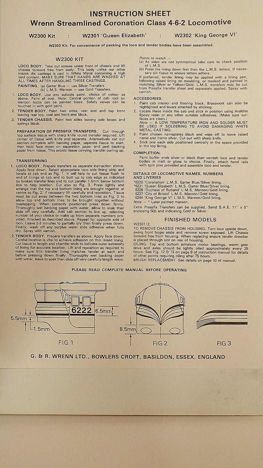 MS116 WRENN DUBLO INSTRUCTION LEAFLET ORIGINAL STREAMLINE CORONATION